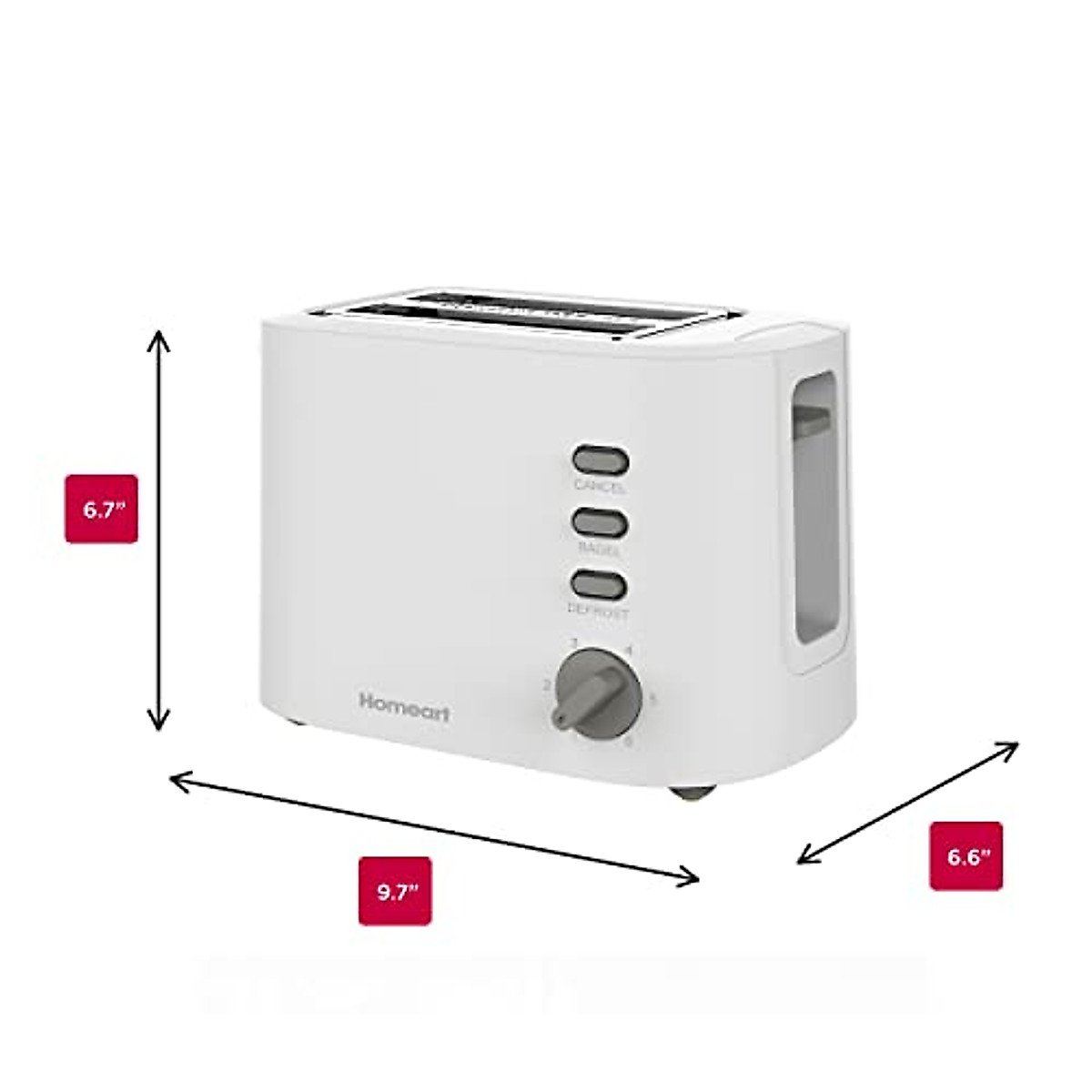 Homeart Staple 2-Slice Toaster - Stainless Steel With Removable Crumb Tray, Adjustable Browning Control With Multiple Settings to Cancel, Defrost and Bagel - 900W, White