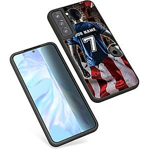 Personalized Soccer Football Player Name Number America Flag Design Rubber Cover Phone Case for Samsung S23 S22 S21 S20 ULTRA/ S21 FE/S20 FE/S10 PLUS/S9 PLUS/S8 PLUS/S7 EDGE Custom Soccer Phone Case