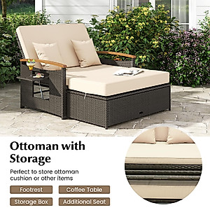 Moccha Outdoor Wicker Daybed, Patio Rattan Loveseat Sofa w/ 4-Level Adjustable Backrest, Folding Panels, Storage Ottoman & Cushions, Lounge Furniture Set for Poolside Backyard Porch (Beige)
