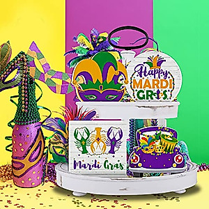 4 PCS Mardi Gras Tiered Tray Decor (Tray Not Included) - Mardi Gras Wooden Sign Decorations Crown Mask Truck Wood Table Signs New Orleans Carnival Holiday Masquerade Party Decor for Home Kitchen