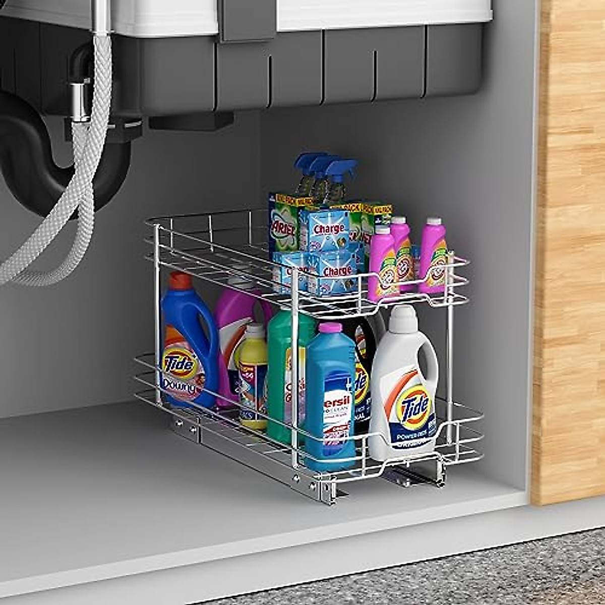 2 Tier Pull-out Cabinet Organizer, 11"W x 21"D Kitchen Under Sink Organizer, Slide Out Home Spice Rack Storage Shelves for Pots and Cans, Drawer Pantry Shelf Organization for Bathroom Base, Chrome