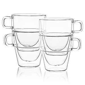 JoyJolt Stoiva Double Wall Insulated Espresso Glass Cups – 5 oz. (150 ml) Espresso Shot Glass Cup with Handle – Stackable Thermal Clear Glass Cups, Fit for Espresso Machine and Coffee Maker – Set of 4