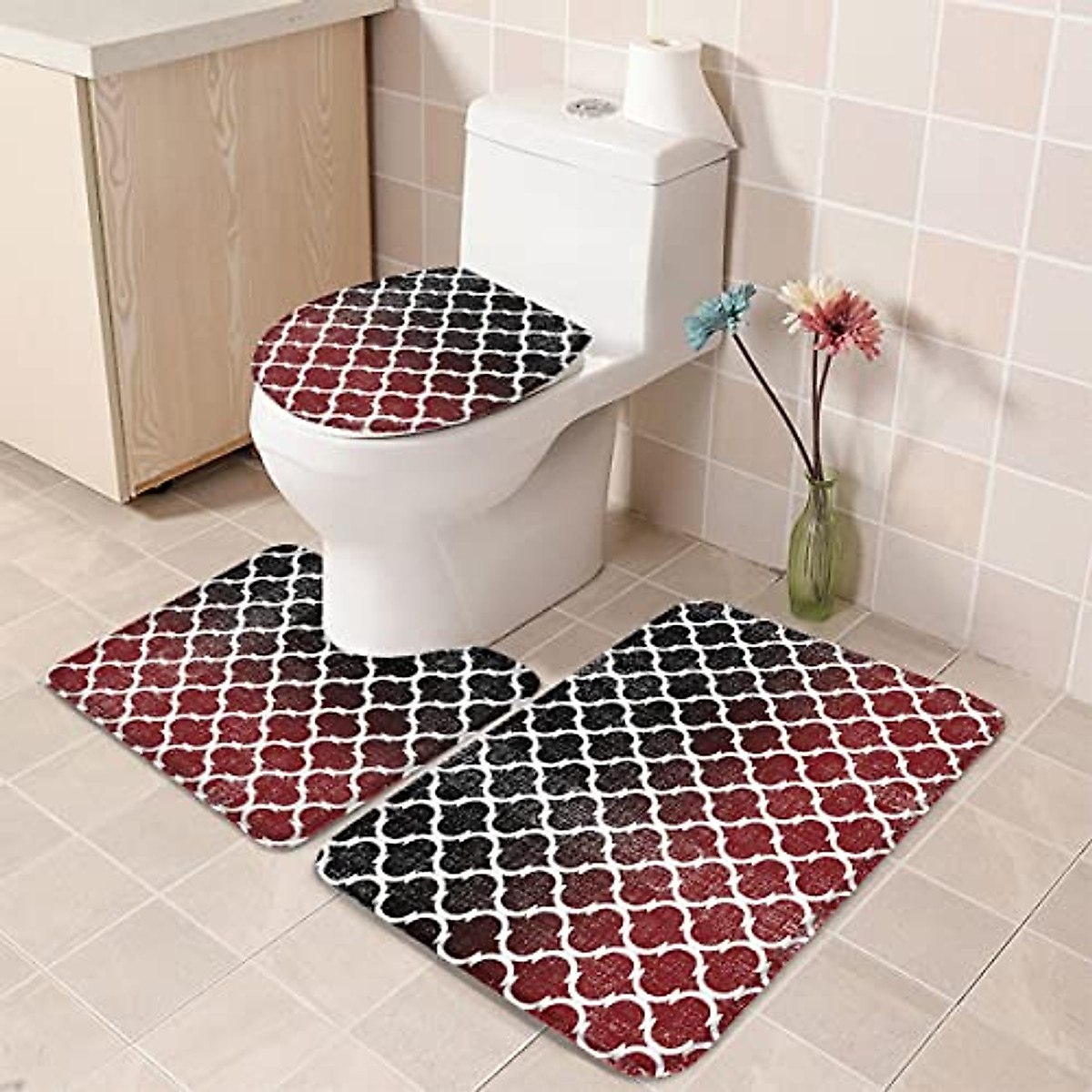 Bathroom Rugs, Memory Foam Bath Mat Bathroom Set, Gradient Red Black Moroccan Pattern Bath Rugs Bathroom Accessories, Home Decor Non-Slip Absorbent Soft Bath Mats for Bathroom, Tub, 3 Pieces