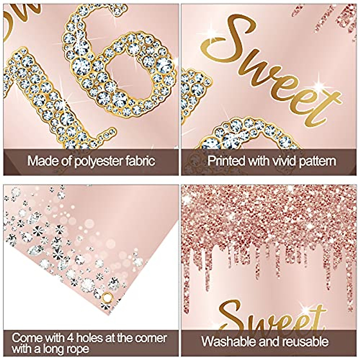 Sweet 16 Birthday Door Banner Backdrop Decorations for Girls, Pink Rose Gold Happy 16th Birthday Party Door Cover Sign Supplies, Sixteen Year Old Birthday Poster Photo Booth Props Decor