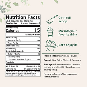 Organic Acai Powder, 8oz | 100% Natural Fruit Powder | Freeze-Dried Brazilian Wildberry Source | No Sugar & Additives | Great Flavor for Drinks, Smoothie, & Beverages | Non-GMO & Vegan Friendly