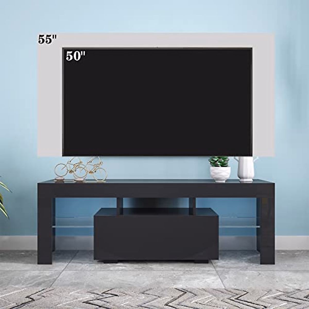 Rayblow 55" Flat Screens Entertainment Center High Glossy TV Stand for Living Room Modern Media TV Console Cabinet with LED Light & Storage Drawers Unit, Black