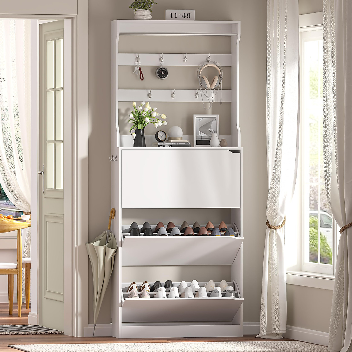 Boonatu Shoe Cabinet Storage for Entryway, Shoe Cabinet Storage with 3 Flip Drawers, Shoe Cabinet for Entryway Slim Space, White Shoe Cabinet Freestanding Wood Tall Shoe Rack for Entryway, Hallway