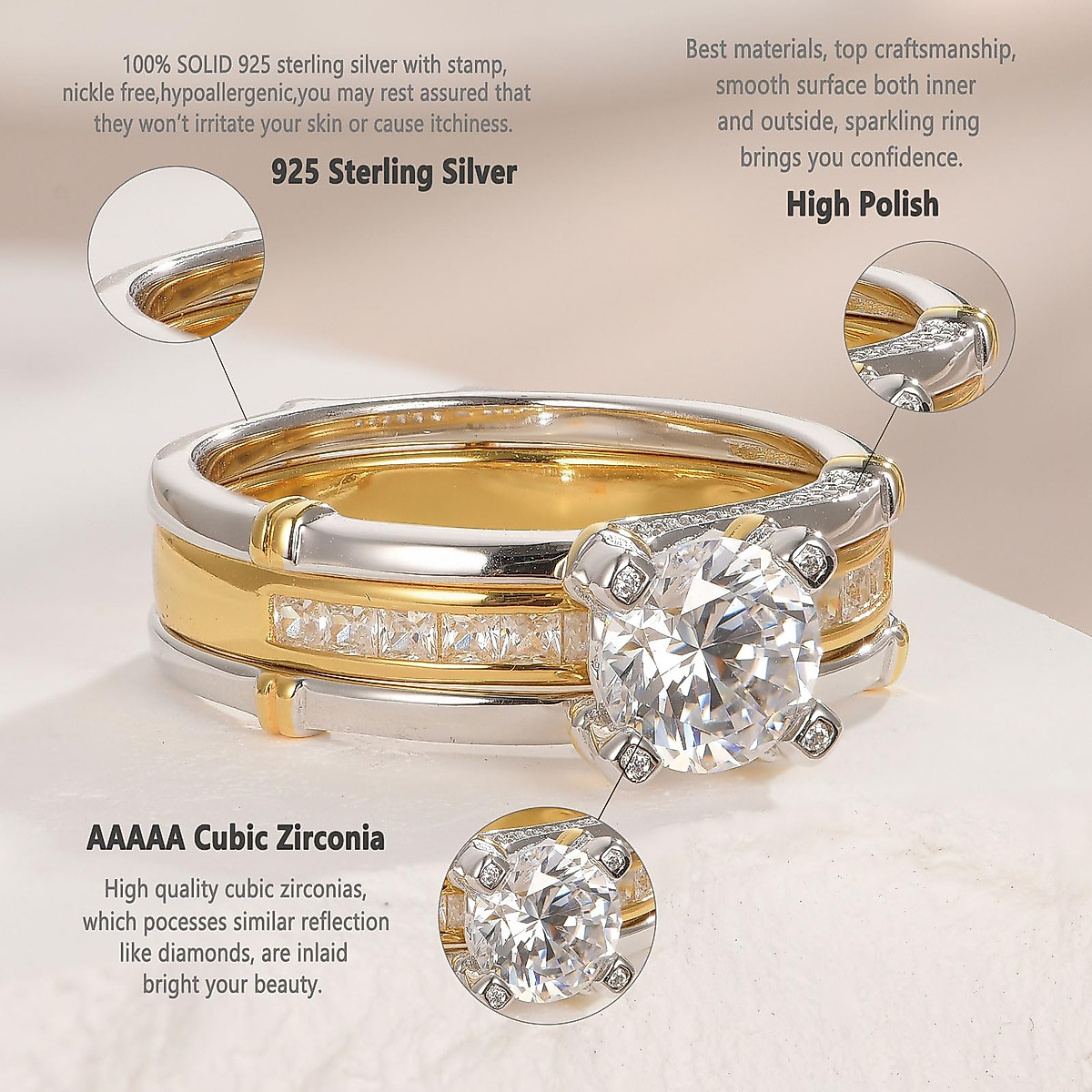 Newshe 1.9CT Sterling Silver Wedding Ring Set for Women Engagement Rings Promise Bridal Anniversary Wedding Band Round Cut 5A CZ Yellow Gold Size 9