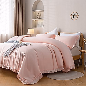 JANZAA Pink Comforter Set Queen Comforter Set 3PCS（1 Ruffled Blush Comforter and 2 Pillowcases） Vintage Shabby Chic Bedding Soft Fluffy Comforter Set All Season
