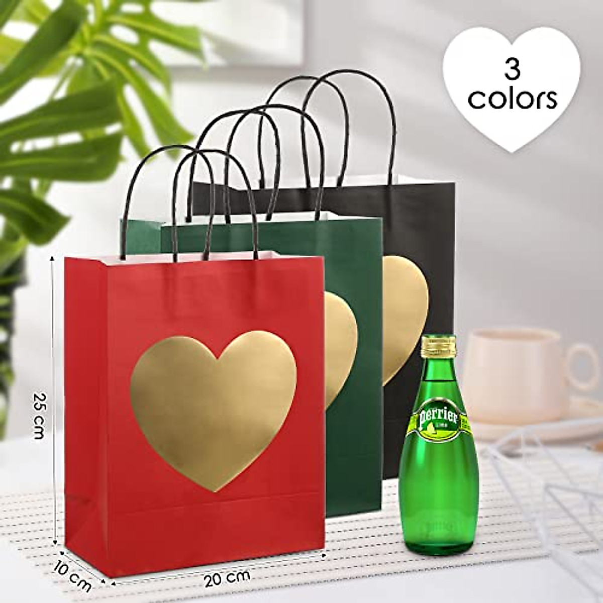 24 Pcs Gift Bags with Glitter Gold Heart Print Paper Shopping Bag 8 x 10 x 4 Inch Paper Bags with Handles Bulk for Valentine's Day Birthday Wedding Anniversary Holiday Party (Black, Red and Green)