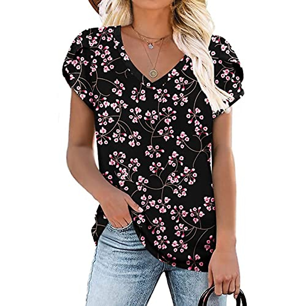 Womens Tops Dressy Casual for A Wedding,Women Fashion V Neck Button Pleated Print Loose Casual T Shirt Top Floral Find Womens Short Sleeve Lapel Half Zip