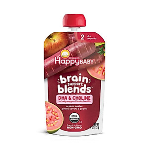 Happy Baby Organics Brain Support Blends Apples, Purple Carrots & Guava with DHA and Choline 4oz Pouch (Pack of 16)