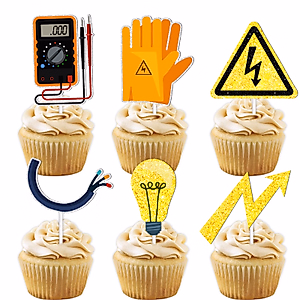 18pcs Gold Glitter Tools Dessert Cupcake Topper Power Electrician Lineman Theme Decor Supplies Boy Man Happy Birthday Party Decorations