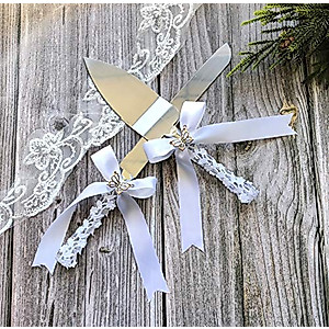 Abbie Home Wedding Cake Knife and Server Set - Flower Wrapped Handle with Silk Bow and Rhinestone Jewelry Décor (Butterfly)