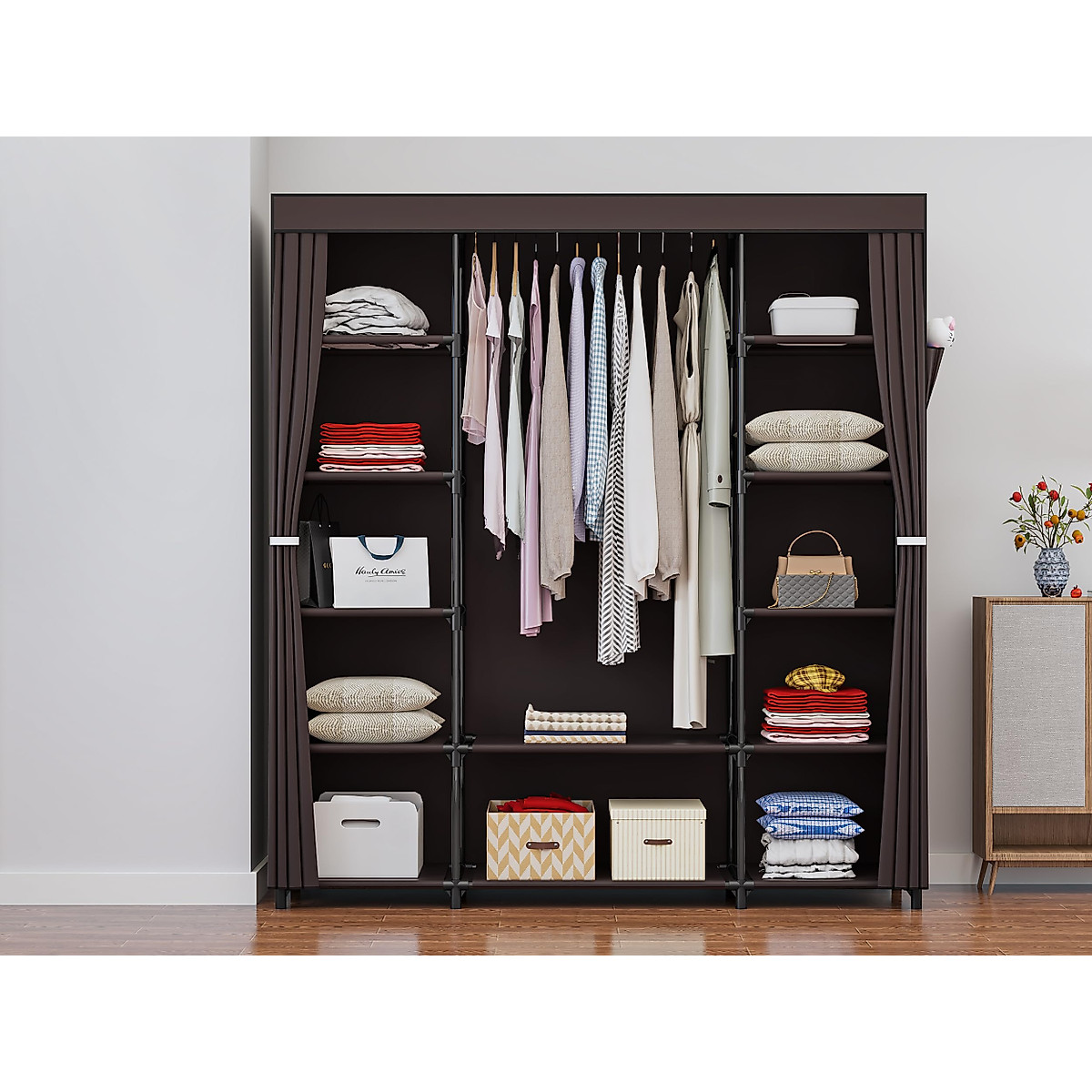 INGIORDAR Portable Closet Wardrobe Organizer Storage with Cover Non-Woben Fabric Portable Wardrobe Closet for Hanging Clothes Racks Shelving 59 Inch for Bedroom, Coffee