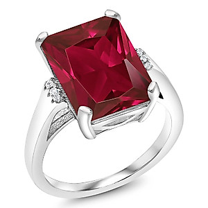 Gem Stone King 925 Sterling Silver Red Created Ruby Ring For Women (5.07 Cttw, Emerald Cut 14X10MM, Available in size 5, 6, 7, 8, 9)