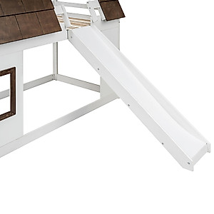 Polibi Wood Twin Size House Shaped Bunk Bed with Brown Roof,Window,Ladder and Slide,Bunkbed Frame for Boys & Girls,White+Brown