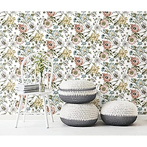 RoomMates RMK12281PL Vintage Poppy Peel and Stick Wallpaper, 20.5 inches Wide x 18 feet, Pink/Green, 30 Sq Ft