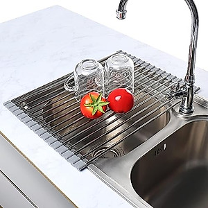 Expandable Roll up Dish Drying Rack for Kitchen from 11” to 20”, Foldable Over-The-Sink Dish Drying Rack Space-Saving, Multipurpose Rolling Rack for Sink with Large Capacity, 13''x(11''~20''), Gray