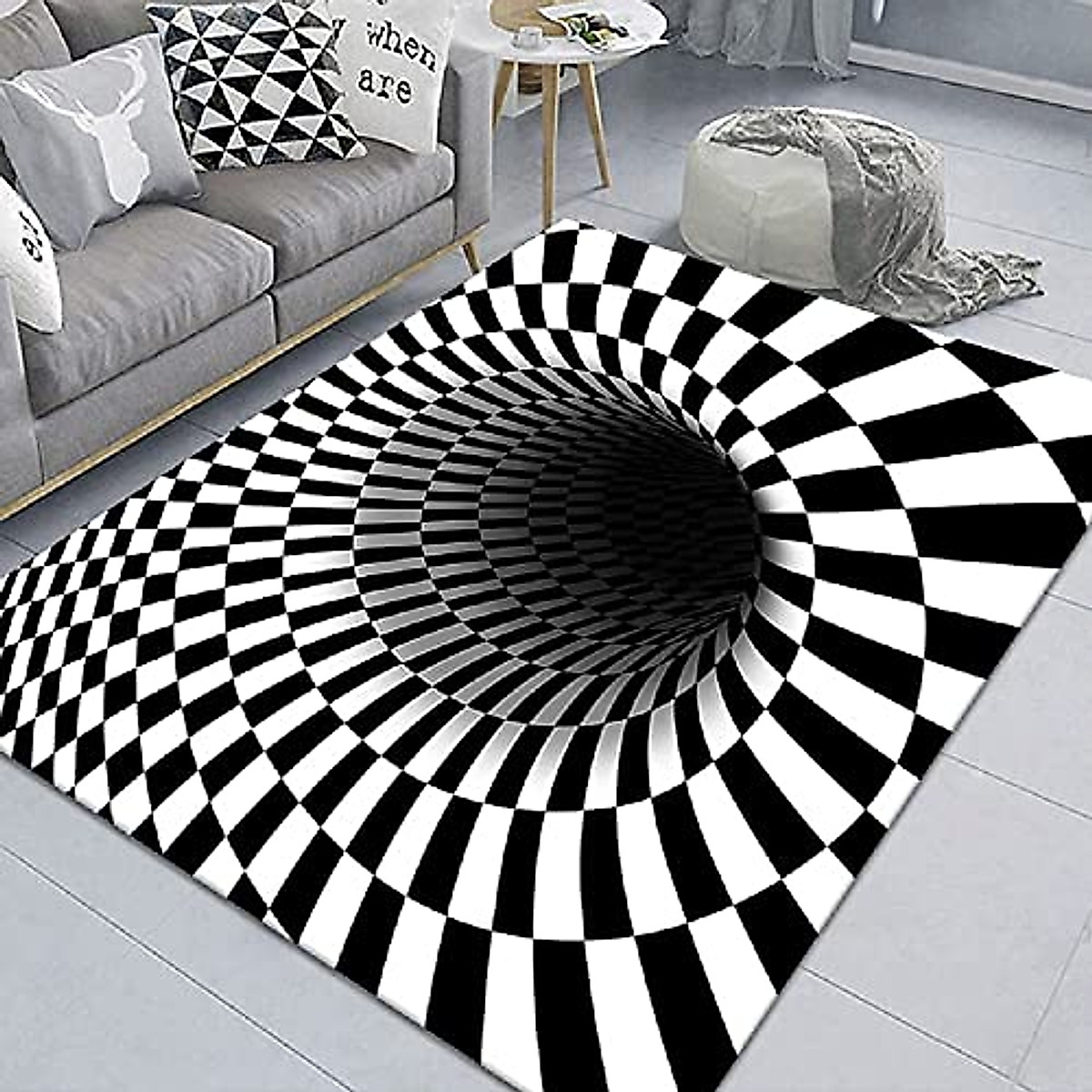 YAOC 3D Halloween Carpet Vortex Optical Illusion Rug Round Carpet Clown Doormat for Lvining Bedroom, Black White Plaid Round Rugs 3D Visual Optical Floor Mat (F-6)