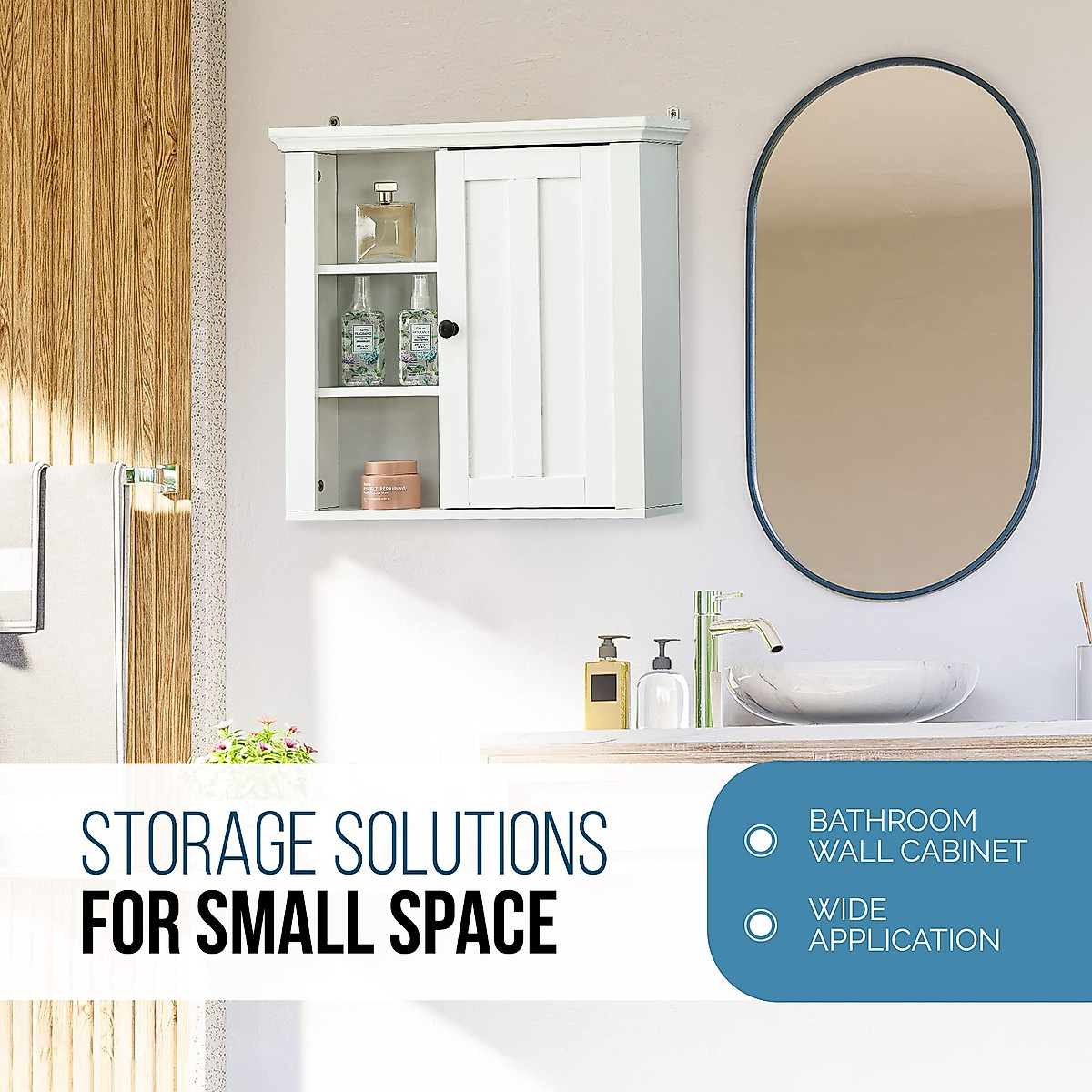 LuxenHome Medicine Storage Cabinet for Bathroom, White, 21" Above/Over The Toilet Wall Mounted with 1 Door and Adjustable Shelves