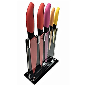 Kitchenson 3CR14 Stainless Steel Nonstick Multi-Color Professional Cutlery Set with 5 knives and 1 Clear Acrylic Stand 8.25” x 8.5”, Red, Pink, Orange and Yellow, 6 Piece Total