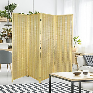 ECOMEX Room Divider 4 Panel Woven Bamboo Screen, Room Divider and Folding Privacy Screens, Freestanding Hand-Woven Room Partitions for Bedroom, Bamboo