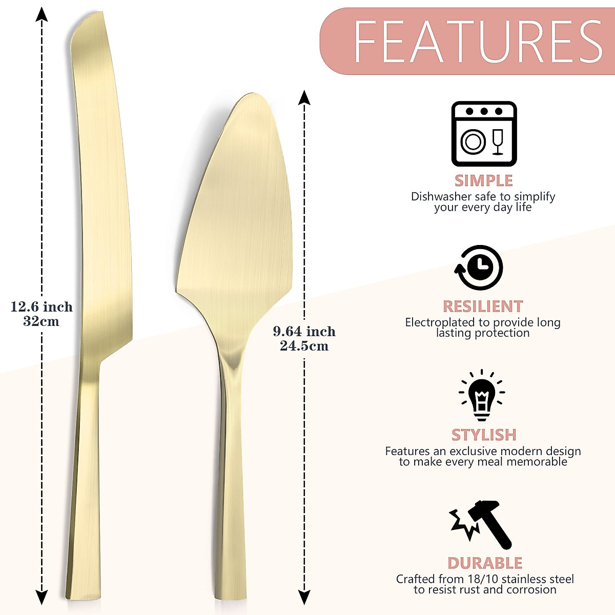 Gold Wedding Cake Cutting Set. Rustic Wedding Cake Knife Server Set. Cake Utensils for Bridal Shower & Wedding Cake Table Decorations. Gold Knife and Cake Server are Perfect Wedding Registry Gifts.