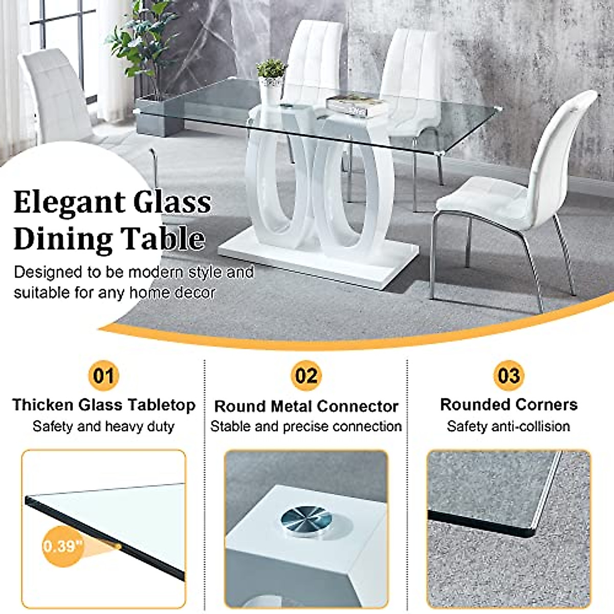 Pvillez Glass Dining Table for 6 People, 63" Modern Glass Dinner Kitchen Table for Dining Room Kitchen, Rectangular Glass Top Dining Table with White High Gloss Dual Oval Base Pedestal Dining Table