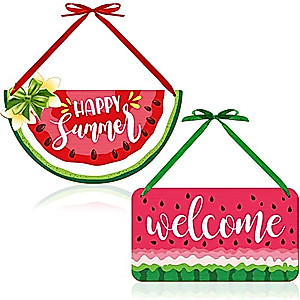 2 Pieces Watermelon Hanging Sign Watermelon Door Hanger Wood Welcome Door Sign Summer Watermelon Hanging Door Sign Plaque for Summer Front Door Wreath Home Wall Decor with Hanging Rope(Happy)