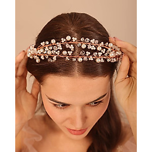 Kercisbeauty Wedding Bridal Pearl and Crystal Rose Gold Hair Tiaras Boho Cute Beaded Princess Crown Banquet Party Special Occasion Handmade Jewelry for Women Girls (Rose Gold)