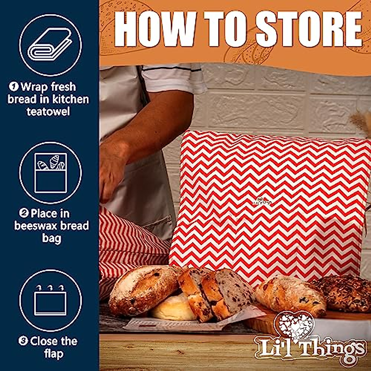 Li'l Things Eco-friendly Reusable Beeswax Bread bags | Set of 2 Sizes 13'x13' & 15’x 9’ | 6 Different Themes | Perfect Bag for Home-Baked | Store-Bought Bread | No Plastic | Red Zig Zag