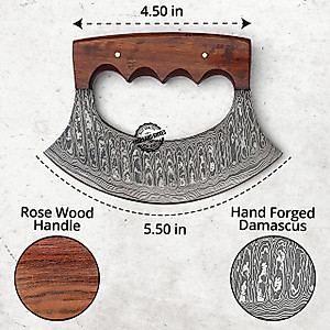 One Handed Rocker Damascus Ulu Knife With Sheath, Rocker Knife For One Handed Cutting, 5.5 Inches Rocker Damascus Ulu Knife, Heavy Duty Rocker Knife / Ulu Knife / Mezzaluna Knife (Rose Wood)