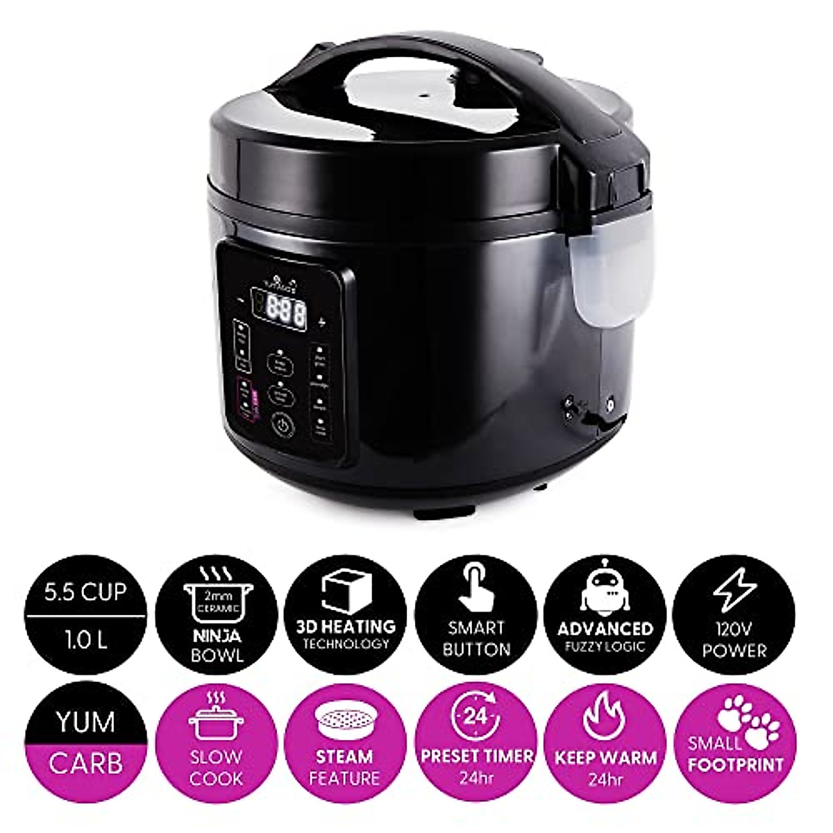 Yum Asia Kumo YumCarb Rice Cooker with Ceramic Bowl and Advanced Fuzzy Logic, (5.5 Cups, 1 Litre), 5 Rice Cooking Functions, 3 Multicooker Functions, 110V US Power (Dark Stainless Steel)