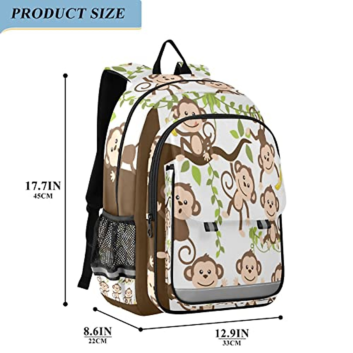 Glaphy Cute Monkey Backpack School Bag Lightweight Laptop Backpack Student Travel Daypack with Reflective Stripes