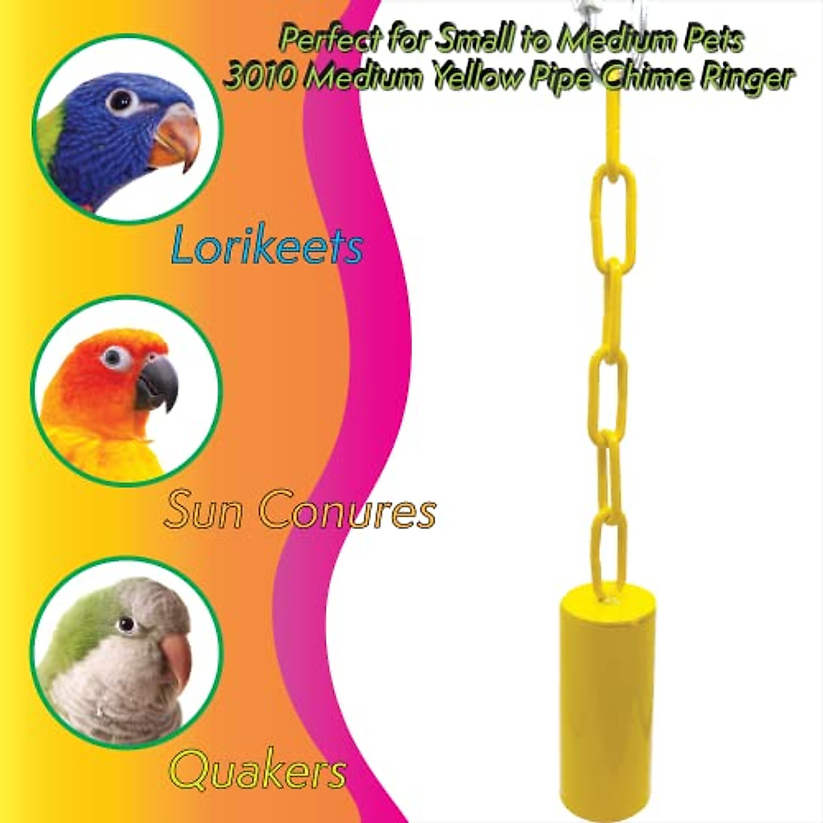 Mandarin Bird Toys 3010 Medium Yellow Chime Pipe Ringer by M&M - Durable Brightly Colored Powder Coated Bird Safe Ringing Cage Bell with Heavy Quick Link Connector, Classic Hanging Aviary Bell, Noisy