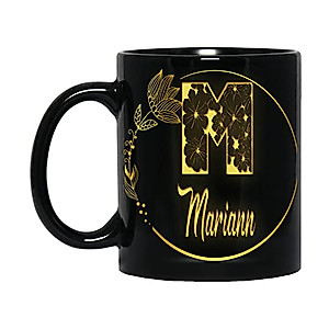 Coffee Mug Personalized Mariann Name & Initial Letter Monogram Floral Alphabet Mug Golden Flowers Custom Black Coffee Cup, Gift for Her Mom Coworker Sister, Wife, Girl 11oz Black Mug 543622