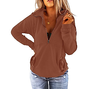 Peacameo Women's Lapel Zipper Sweatshirts Long Sleeve Loose Drawstring Pullover Tops with Pockets Army Green