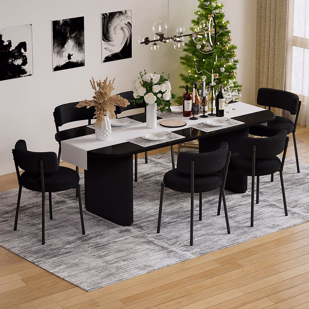 HAIZAO Modern Dining Chairs Set of 4, Round Upholstered Boucle Sherpa Dining Chairs, Curved Backrest Kitchen Dining Room Chairs, Mid-Century Black Dining Chair with Black Metal Legs