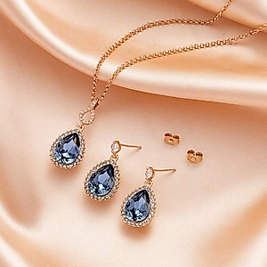 EVEVIC Austrian Crystals Teardrop Pendant Necklace Earrings for Women 14K Gold Plated Hypoallergenic Jewelry Set (Dark Blue)
