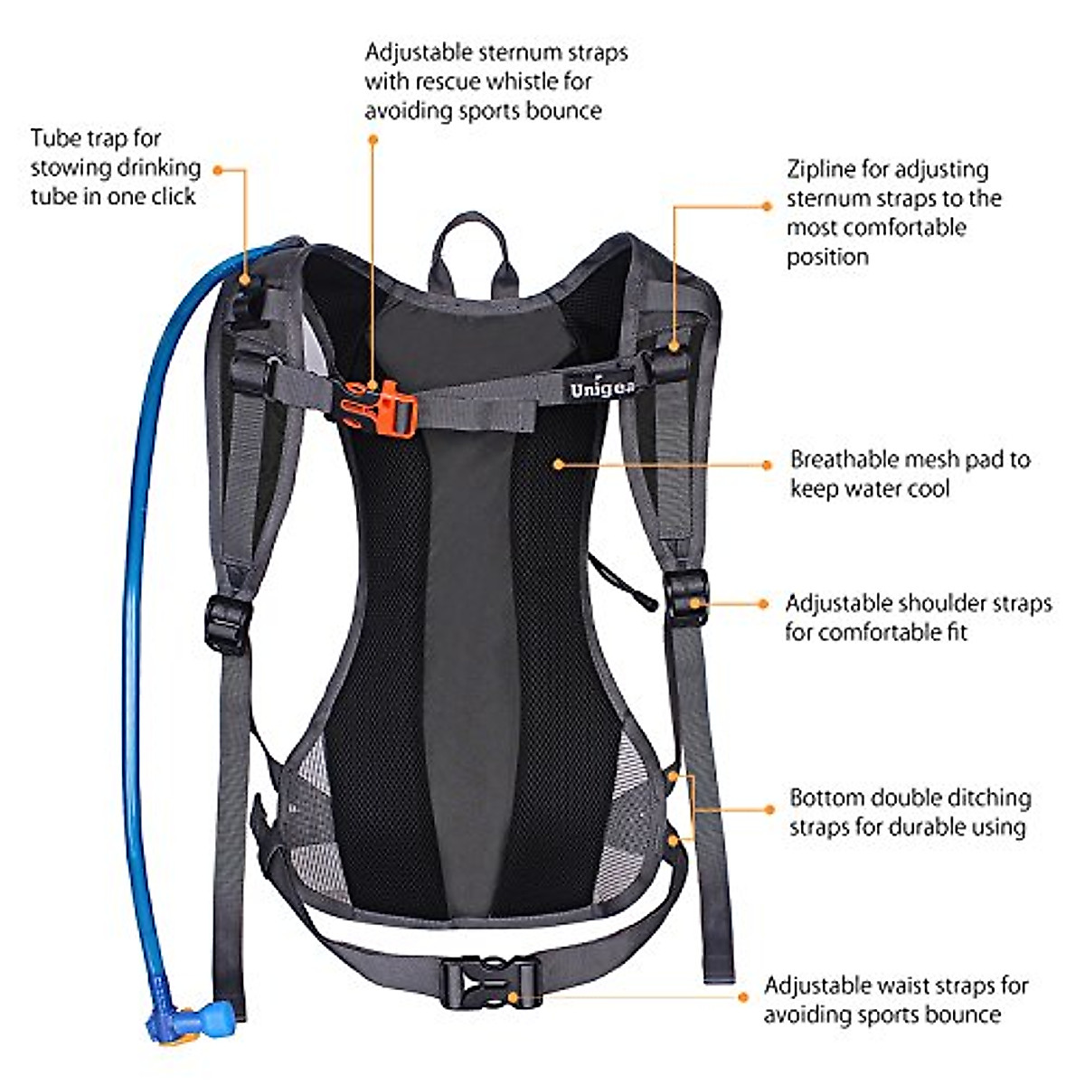 Unigear Hydration Pack Backpack with 70 oz 2L Water Bladder for Running, Hiking, Cycling, Climbing, Camping, Biking (Black)