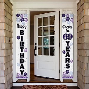 LASKYER Happy 69th Birthday Purple Door Banner - Cheers to 69 Years Old Birthday Front Door Porch Sign Backdrop,69th Birthday Party Decorations.