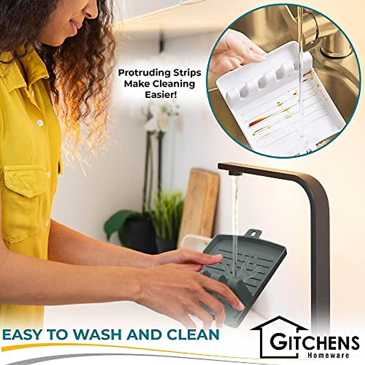 Gitchens Premium Utensil And Spoon Rest with Deep Drip Pad And Pot Lid Holder | Utensils And Spoons Cooking Stand for a Clean Grill, Stove And Kitchen | 2 Pack (White And Grey) with Hanging Hooks