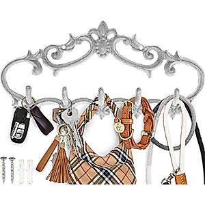 Comfify Cast Iron Wall Mounted Hanger Vintage Design with 5 Hooks - Keys, Towels, Coats etc - Wall Mounted, Metal, Heavy Duty, Rustic, Vintage, Decorative Gift Idea - 12.6x5.9” - Rustic White