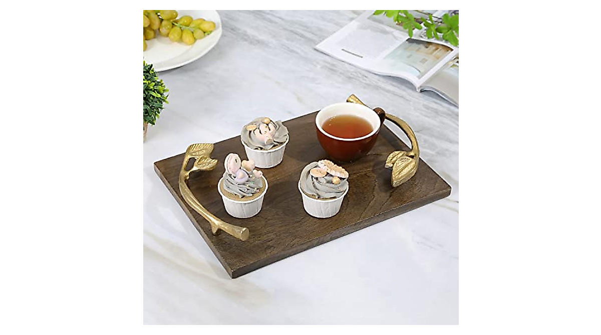 MyGift Handmade Mango Wood Decorative Tray | Gold Leaf Handles