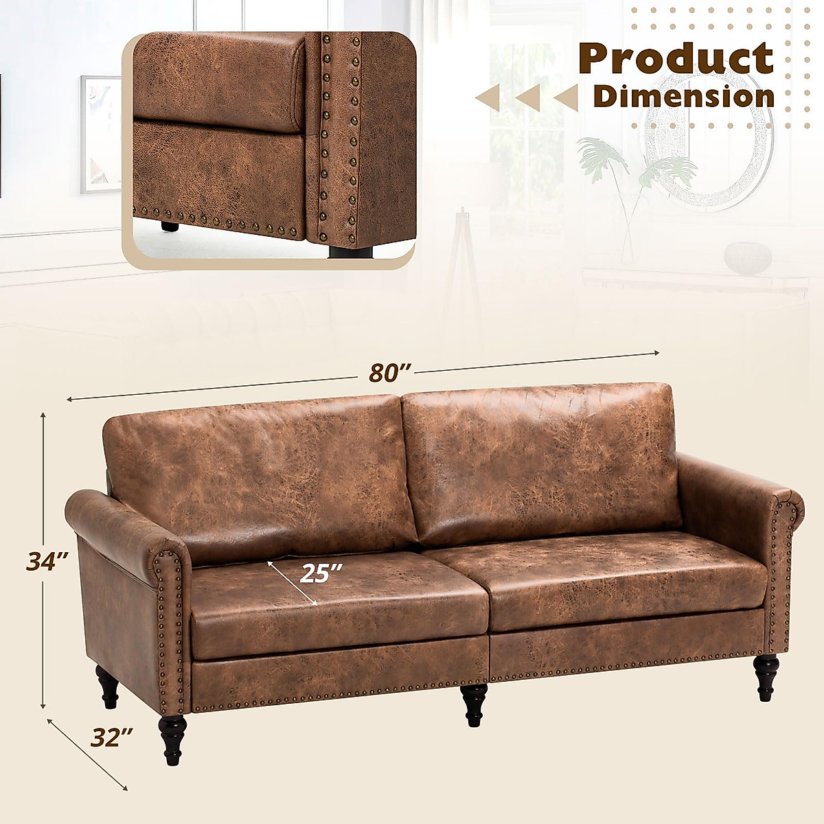 ACMEASE 80” Faux Leather Sofa with Nailhead Trim, Traditional 2 Seater Couch with Rolled Arms, Upholstered Loveseat Sofa for Living Room, Apartment, Studio, Office, Brown