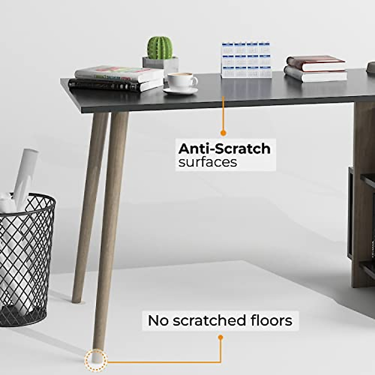 MODEAZY Side Modern Style Home Office Working Desk, Room Decor, Storage Shelves Study Writing Table, Walnut & Anthracite