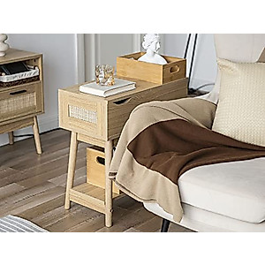 Labcosi Natural Rattan Side Table, Flip Top Nightstand with Charging Station, Mid Century Modern End Table for Living Room and Bedroom, Table with Storage Shelf