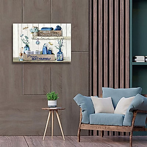 Farmhouse Bathroom Decor Wall Art Hello Sweet Cheeks Artwork Print Rustic Bathroom Sign Print Paintings Blue Dragonfly Bathroom Pictures Teal Vase Wall Art Poster for Home Decor 24x16 Inch Unframed