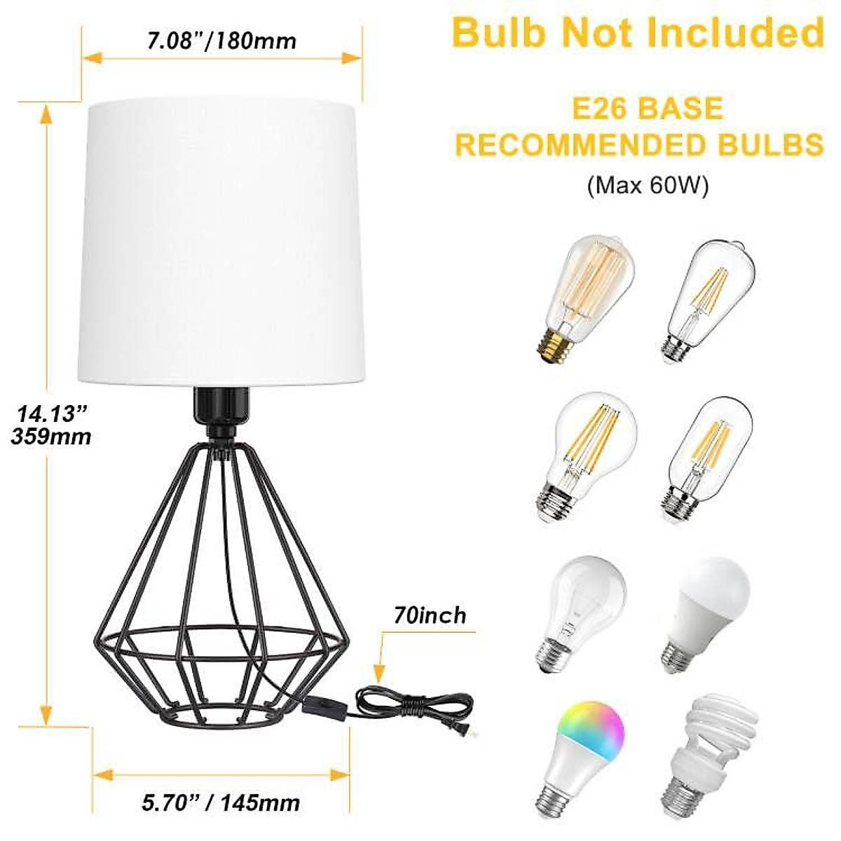 GGOYING Set of 2 Table Lamp, Modern Bedside Lamp with Simple Black Metal Base, White Fabric Shade for Nightstand Bedroom Living Room Office Working Reading (Bulb not Included)